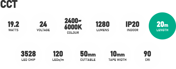 Flexible LED Strip Light | CCT (Dual Warm & Cool White) | 19.2W/m 24V ...